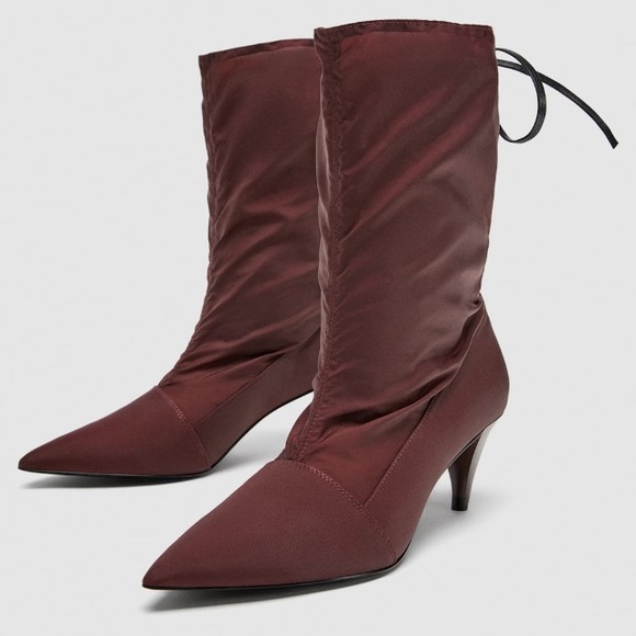 Zara | Shoes | Zara Burgundy Fabric Heel Ankle Boots With Laceup | Poshmark